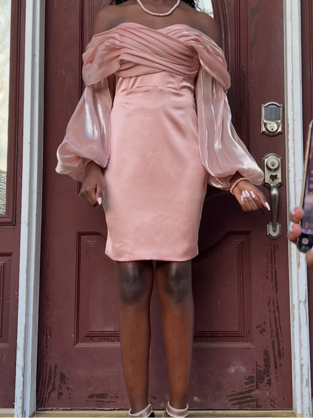 Dresses | Offshoulder Pink Satin Cocktail Dress With Sheer Bishop ...